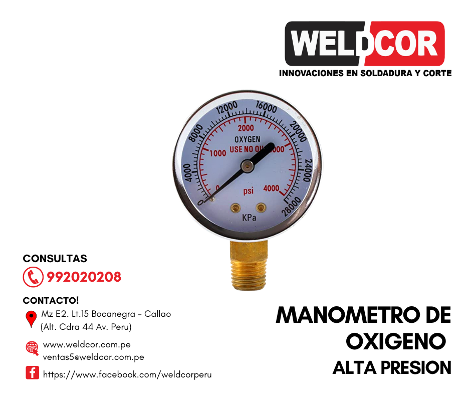 25642 MANOMETRO DE OXIGENO ALTA PRESION 0-4000 PSI – Weldcor